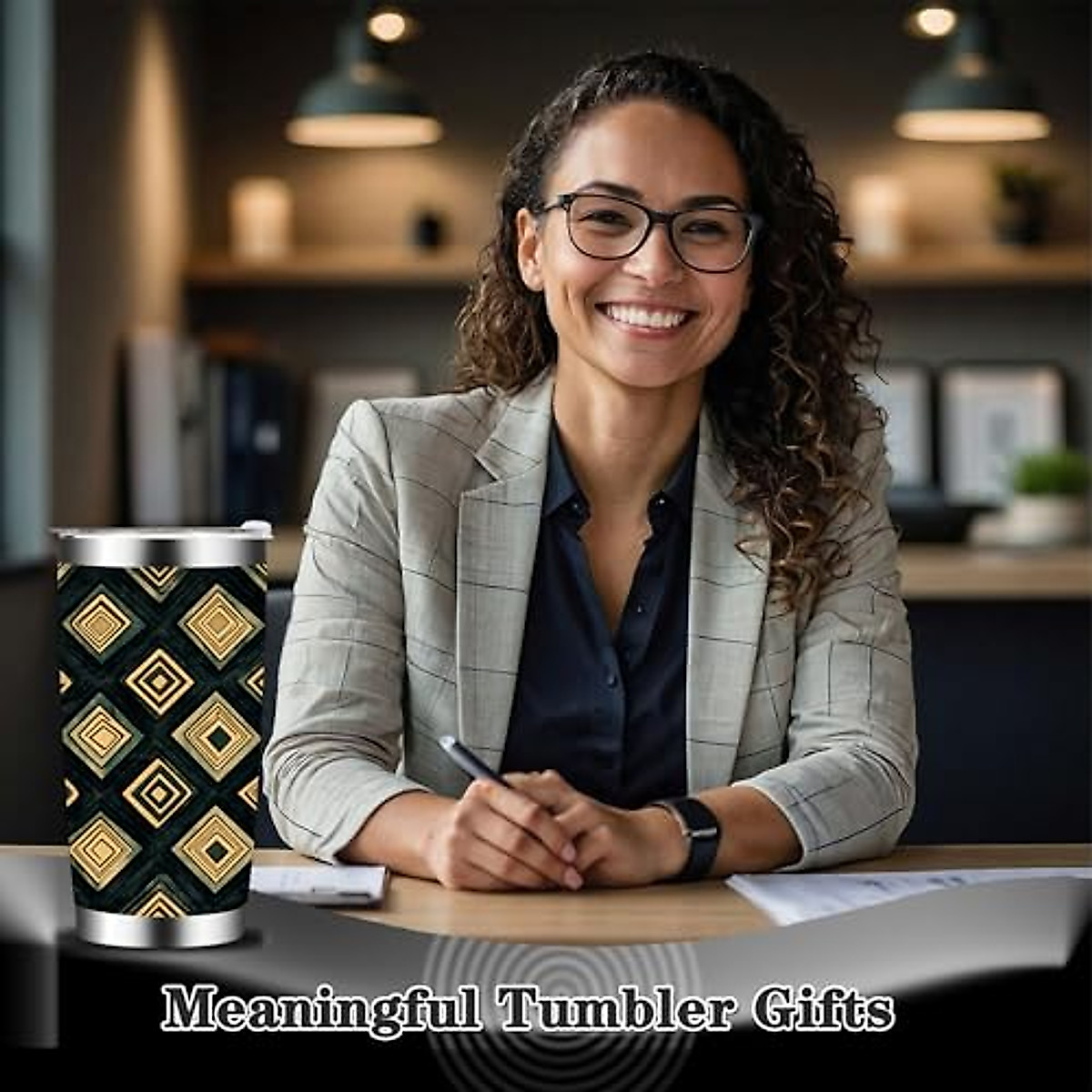 FOCIUZTA Vintage Gold Diamond Pattern Tumbler with lid, Travel Coffee Cup, Ideal for Easter, Gaming Enthusiast, Mother Day, and birthday gifts