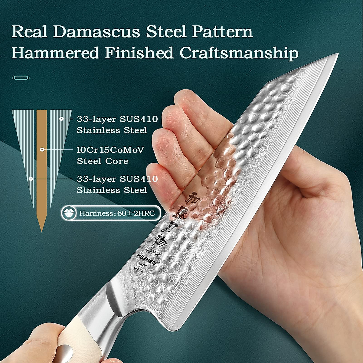 HEZHEN 7.3” Santoku Knife, High Carbon Damascus Steel Chef Knife, Hammered Japanese Style Kitchen Knives,Meat Vegetable Cutting Cleaver Knife, Ivory White G10 Handle