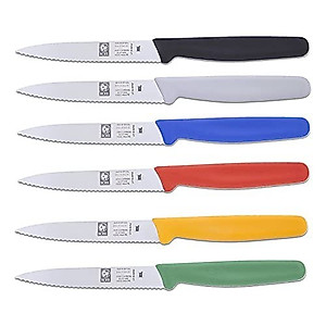 ICEL Serrated Paring Knife Set. Great for All Kind of Kitchen Prep work, Like Chopping Mincing Dicing. 6-Piece Set Includes One Red, Blue, Yellow, Green, Black and White knives Light 'n' Mighty