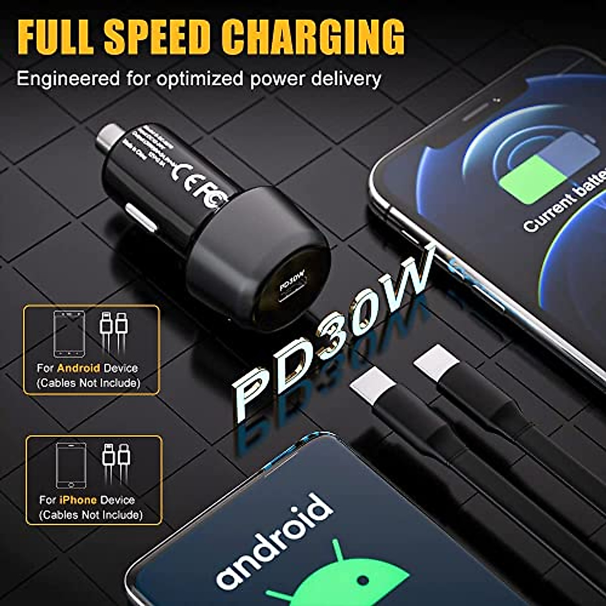 USB C Car Charger Adapter 30W Fast Charge, 12V USB Car Charger Cigarette Lighter Adapter, Car Phone Charger Fit iPhone 13/13 Pro/13 Pro Max/12/12 Pro/12 Mini, Galaxy S22/S10, iPad Pro and More