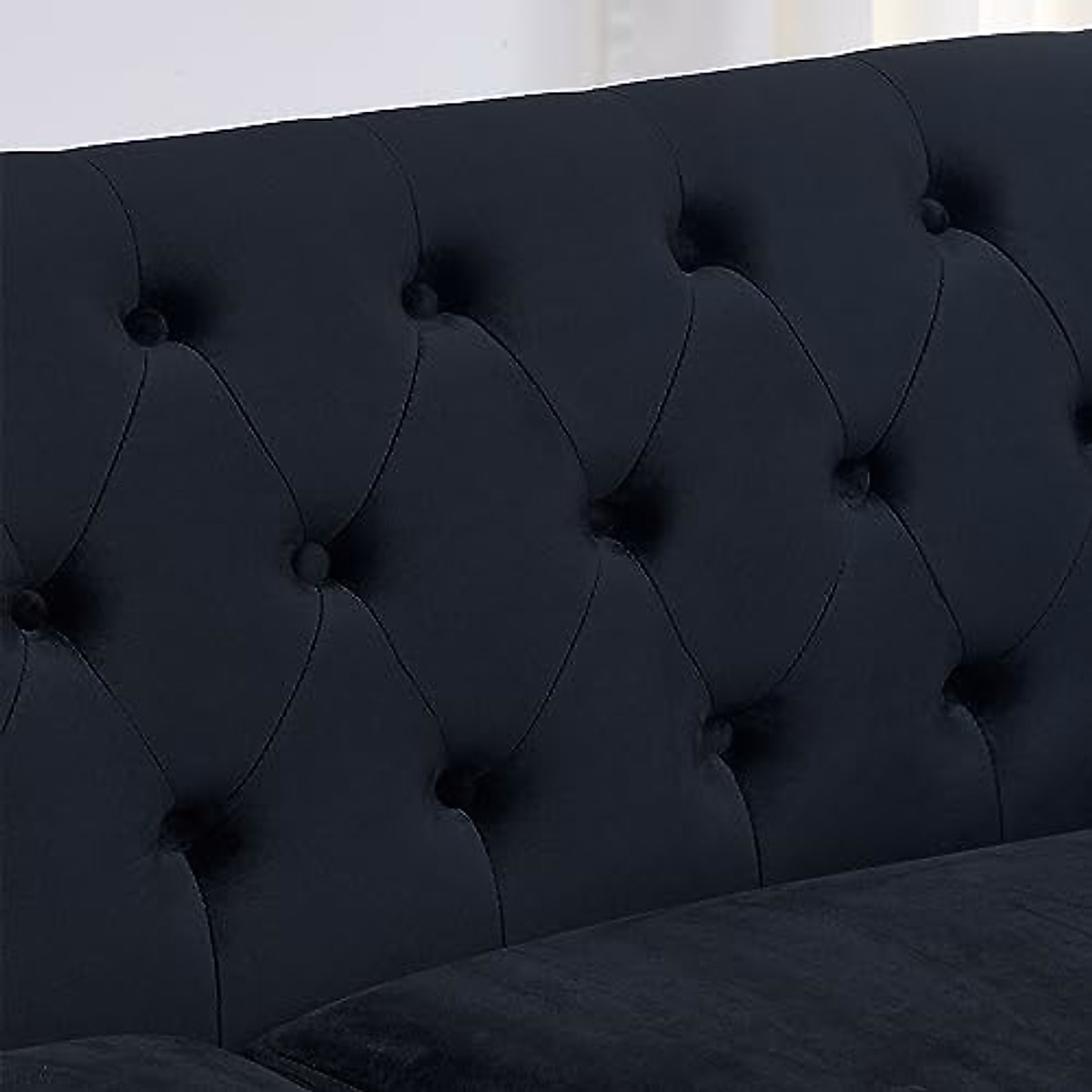 EMKK 77" Chesterfield Velvet Sofa, 3-Seater Upholstered Couches Tufted Backrests with Nailhead Arms and 2 Cushions for Living Room, Bedroom, Apartment, Office, G-Black