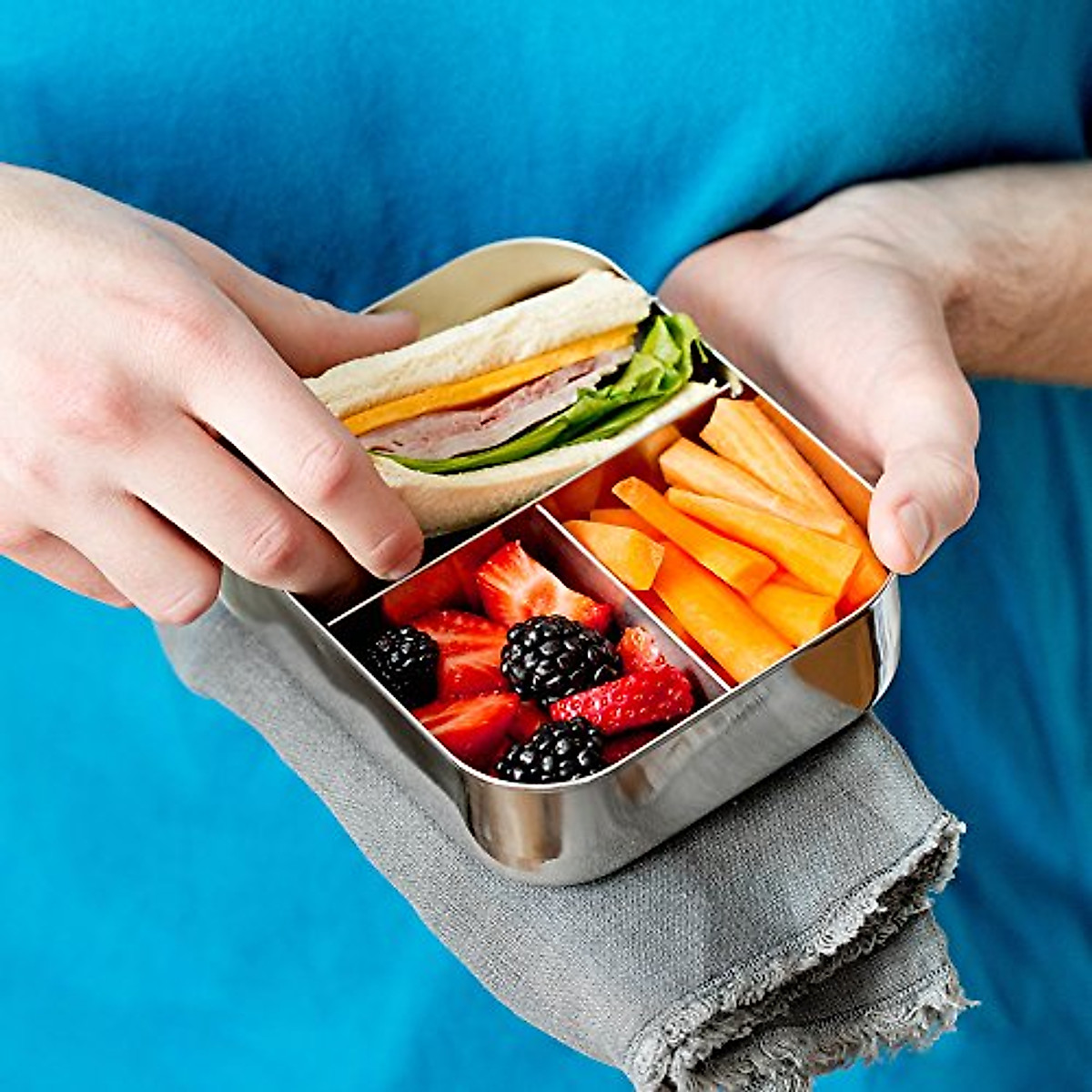 LunchBots Medium Trio II Snack Container - Divided Stainless Steel Food Container - Three Sections for Snacks On the Go - Eco-Friendly, Dishwasher Safe, BPA-Free - Stainless Lid - All Stainless
