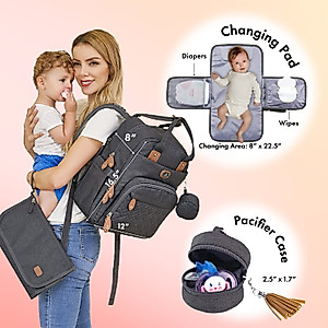 Dikaslon Diaper Bag Backpack with Portable Changing Pad, Pacifier Case and Stroller Straps, Large Unisex Baby Bags for Boys Girls, Multipurpose Travel Back Pack for Moms Dads, Dark Gray