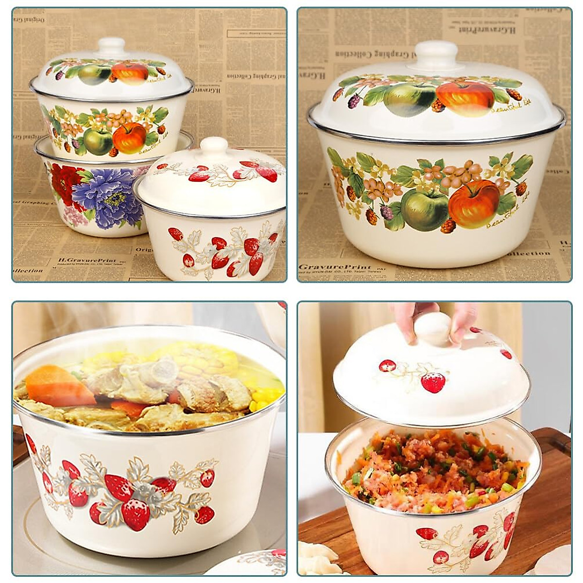 Enamelware Serving Bowl Vintage Large Enamel Food Bowl: Retro Floral Style Soup Basin with Lid Farmhouse Enamelware Deep Dish Bowls for Pasta Salad Cereal Soup 18cm Random Pattern Enamel Nesting Bowl
