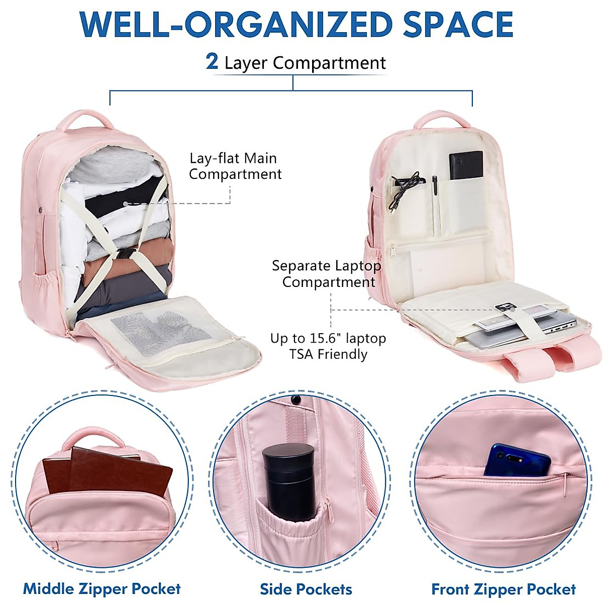 COW STAUNCH Travel Backpack for Women, 35L Flight Approved Carry On Backpack, Expandable Luggage Personal Item Backpack, 15.6 Inch Lightweight Business College Laptop Daypack, Pink