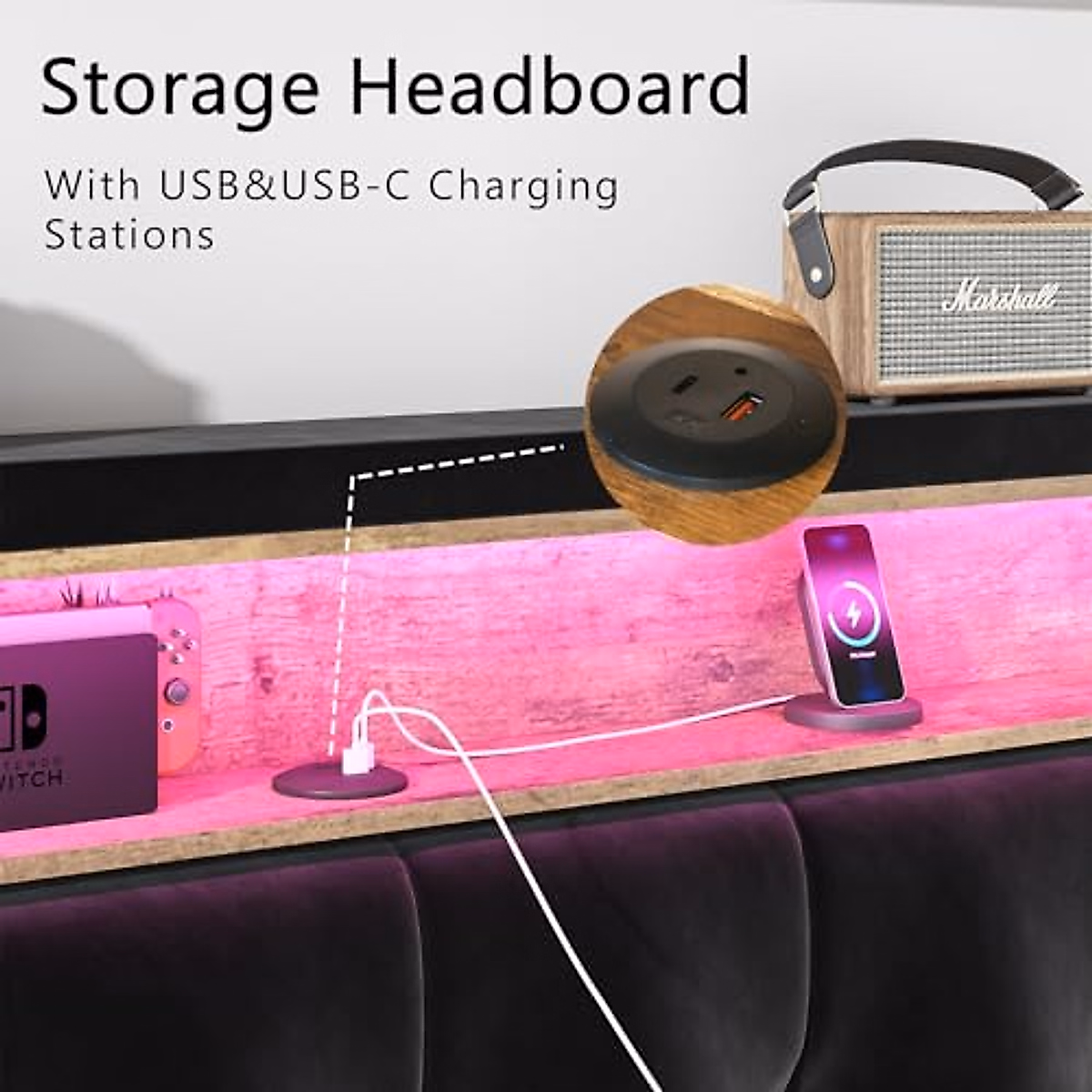 HOMBCK Queen Size Bed Frame with Led Lights, Storage Shelf Headboard, Black Velvet Upholstered, No Box Spring Needed, Noise-Free