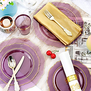KIRE 210Pcs Purple Plastic Plates with Gold Rim& Silverware &Cups&Hand Napkin- Mardi Gras Plates - Baroque Clear Plastic Dinnerware for Upscale Wedding, Parties, Mothers Day, Easter