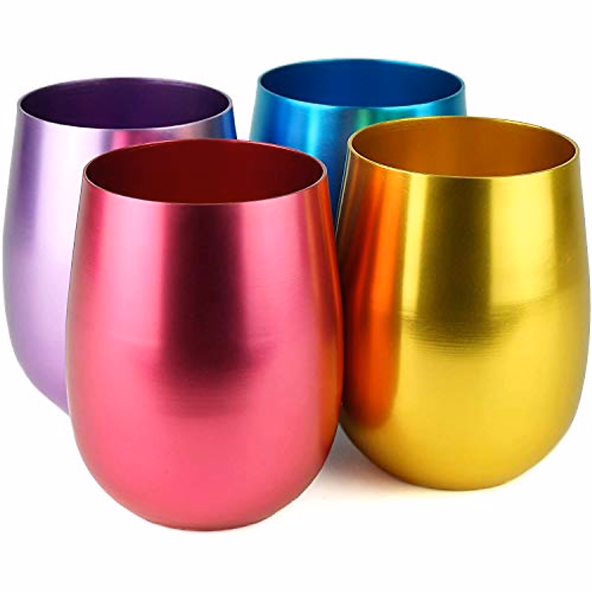 CLW Aluminum Stemless Wine/Old Fashion Glass, Set of 4, 4-Color in a Set (Purple/Blue/Pink/Gold), 12oz (Small)