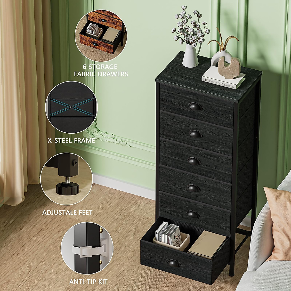 Furnulem Tall Dresser with 6 Drawers,Vertical Bedside End Table & Chest for Bedroom,Black Storage Tower Dorm Nightstand with Fabric Drawer Organizer Unit Furniture in Living Room,Closet,Hallyway