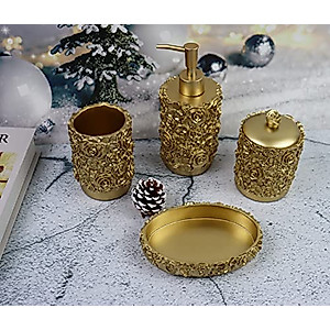 Hymmah Gold Bathroom Accessories Set,Rose Design Bathroom Set,Farmhouse Bathroom Decor,4 Pcs Resin Gift Set Apartment Necessities, Contain Cotton Swab Jar,Soap Dispenser,Soap Dish,Tumbler Gold