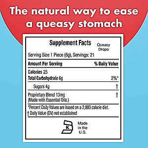 Queasy Drops | 3 Pack: 21 Drops Each | Drug Free & Gluten Free | Five Flavors: Green Tea with Lemon, Ginger, Raspberry, Banana & Cola 21 Count