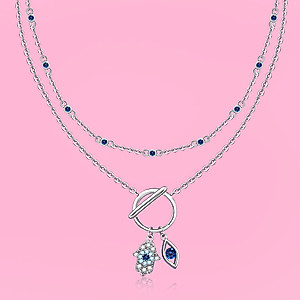 Talonior Layered Hamsa Hand Evil Eye Necklace for Women S925 Sterling Silver Hand of Fatima Necklaces Good Luck Gifts