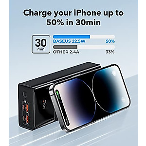 Baseus 30000mAh Portable Charger, 22.5W Power Bank Fast Charging Battery Pack with 2 USB-A, 1 USB-C and 1 Micro USB Ports Compatible with iPhone, iPad, AirPods, Switch, Samsung Devices, and More