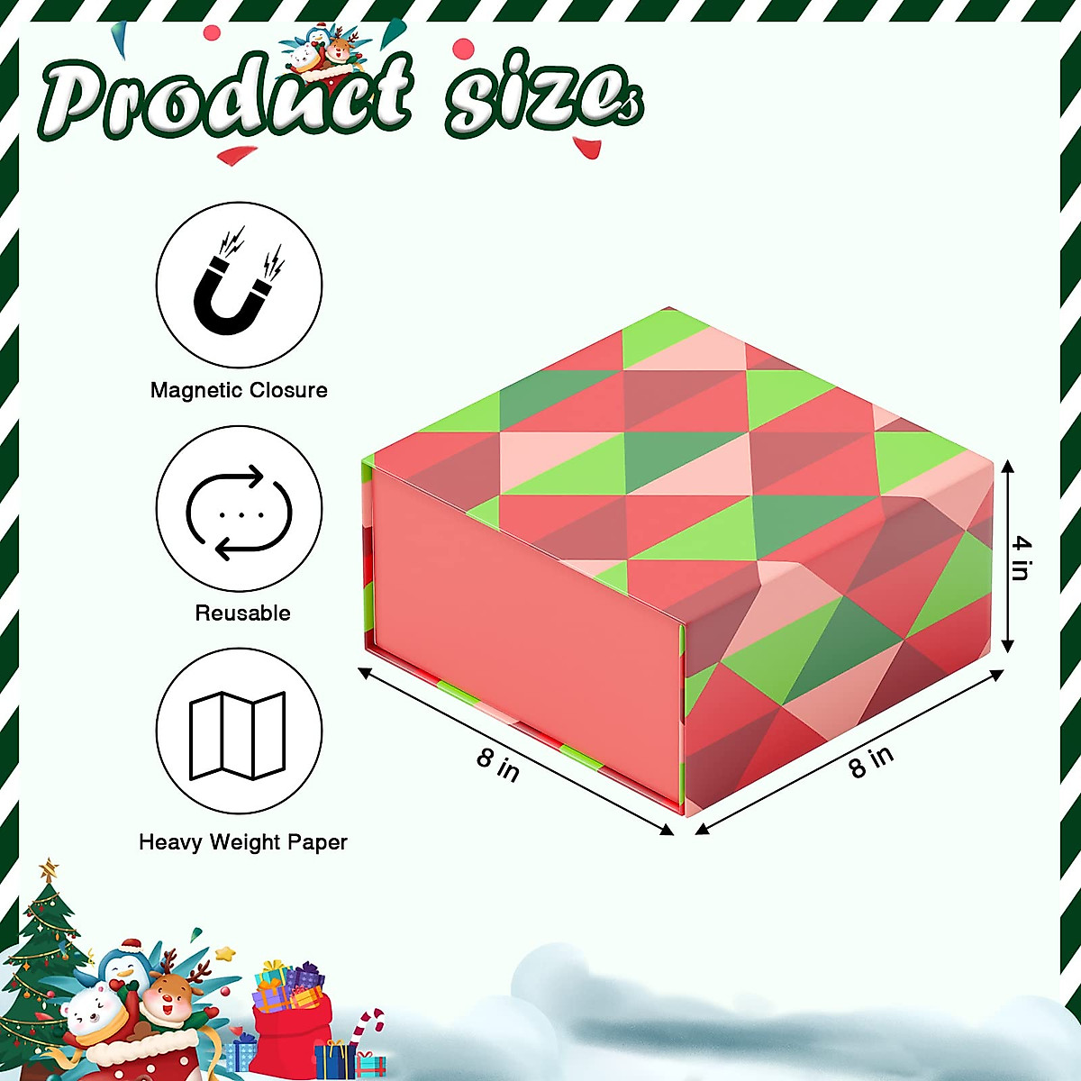 Christmas Gift Box 8"x8"x4" with Magnetic Closure Lid and Ribbon for Gift Packaging, Xmas Gift Wrapping Box for Christmas,New Year,Winter Holiday and Various Holidays