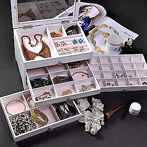 Ampersand Shops Elegant Jewelry Chest Box Storage Organizer with Mini Drawers and Mirror for Rings, Earrings, Bracelets and Necklaces (White))