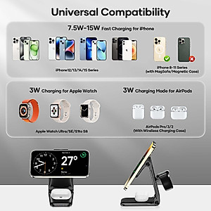 Foldable 3 in 1 Charging Station for Apple Devices - Magnetic Wireless Charging Station - Phone and Watch Charger Stand for iPhone 15/14/13/12/11 Pro Max/XR/ 8 Plus and Airpods iWatch (Mag-Safe)