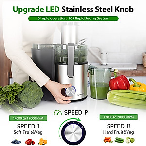 1000W 3-SPEED LED Centrifugal Juicer Machines Vegetable and Fruit, Healnitor Juice Extractor with 3.5" Big Wide Chute, Easy Clean, BPA-Free, High Juice Yield, Silver