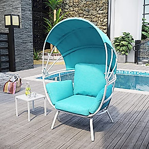 Pellebant Egg Chair with Folding Canopy, Aluminum Lounge Chair with 4 Soft Deep Cushion, Indoor Outdoor Lounger for Patio, Backyard, Living Room, 265lb Capacity Blue