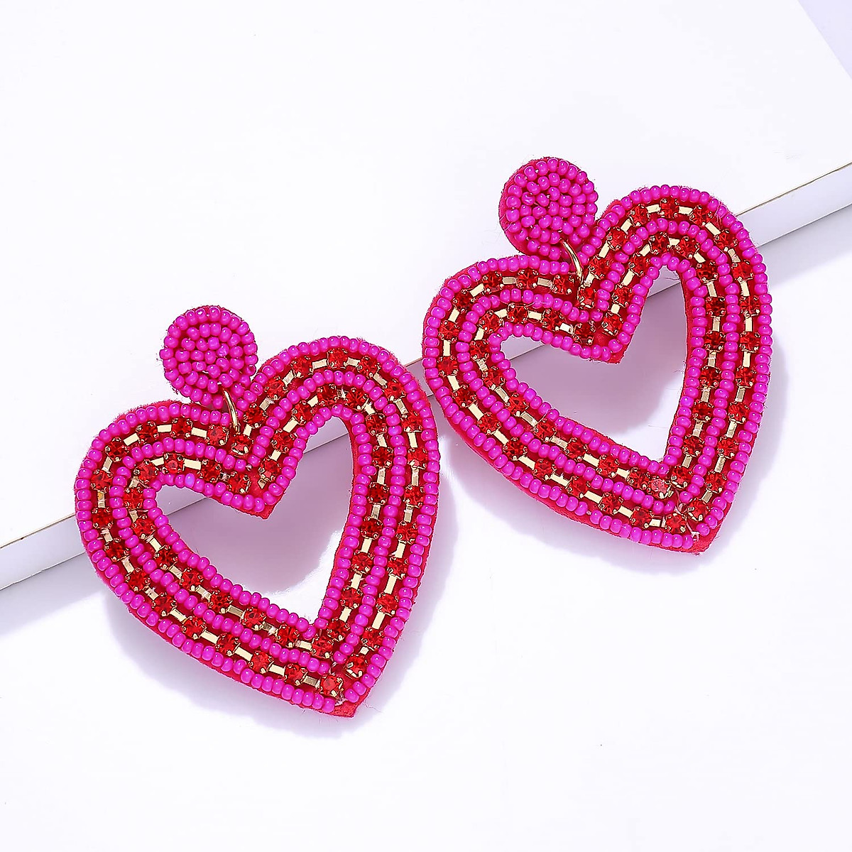 XOCARTIGE Valentine’s Day Earrings for women Heart Dangle Drop Earrings Red Beaded Earrings Romantic Sparkling Rhinestone Handmade Gift Earrings (Rose Red)