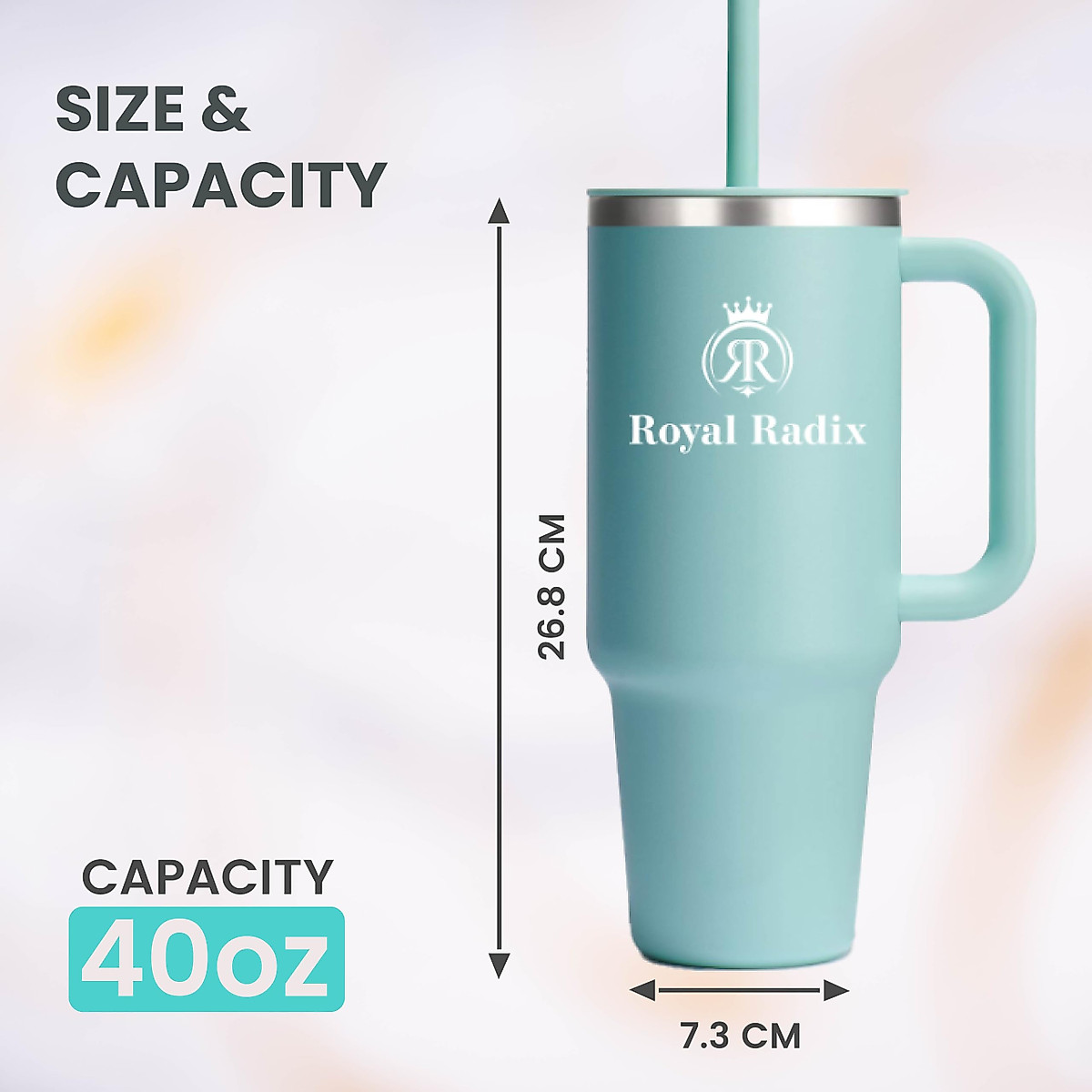 Royal Radix 40oz Insulated Tumbler with Handle & Straw, Stainless Steel Travel Mug, Leak-Proof, Hot & Cold Beverage Cup, BPA-Free, Dishwasher Safe, for Coffee & Water