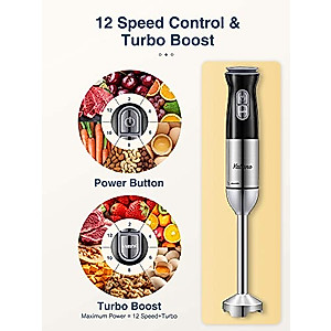 Hand Blender, Handheld Blender Electric, 5-in-1 Multifunctional Immersion Blender, 12 Speed and Turbo Mode, Stainless Steel Blade with Whisk, Chopper/Grinder Bowl and Beaker/Measuring Cup, by Yabano (4 in 1)