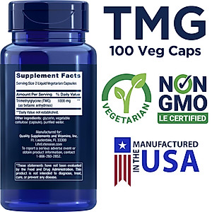 Life Extension TMG 500mg, 100 Liquid Veg Caps - Trimethylglycine (Glycine Betaine) Supplement - Gluten Free, Non-GMO, Vegetarian