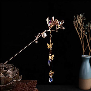 BEMEI Rhinestone Pearl Flower Hair Stick,Crystal Pearl Hair Sticks,Butterfly Tassel Flower,Hairpin Chignon Pin Chopsticks Hair Styling Accessories(F)