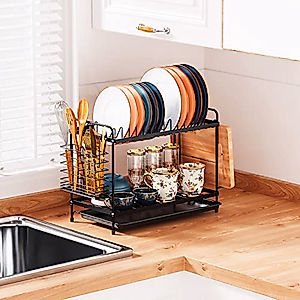 GSlife Dish Drying Rack for Kitchen 2 Tier Small Dish Rack with Drainboard Rust-Resistant Compact Dish Drainer with Utensil Holder Cutting Board Holder for Kitchen Counter, Black