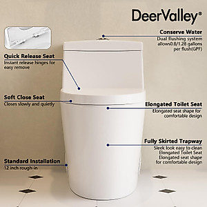 DeerValley Elongated One-Piece Toilet, Dual Flushing Toilet with 17" ADA Comfortable Chair Seat, 0.8/1.28 GPF High-Efficiency Modern Toilet, White Toilet Bowl For 12" Rough-In