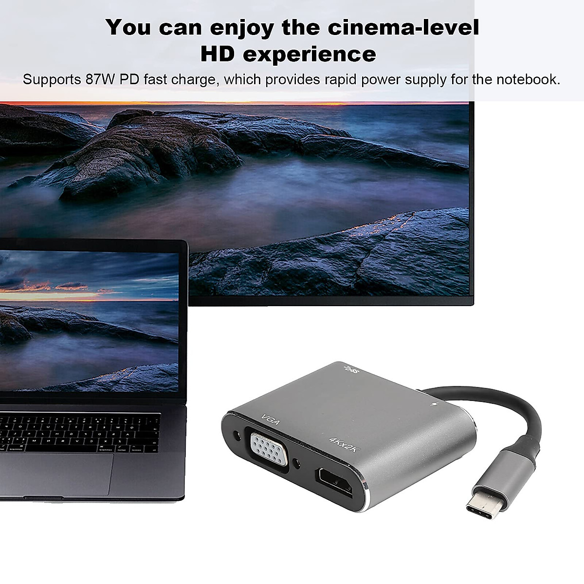 USB C Hub, 4 in 1 C to C VGA USB HDMI Hub Adapter, 4kx2k 30Hz/60Hz Portable Docking Station with C/VGA/USB/HDMI Port，Multiport Splitter for Charging Smartphones/ Keyboard/ Mouse/ USB Memory Stick