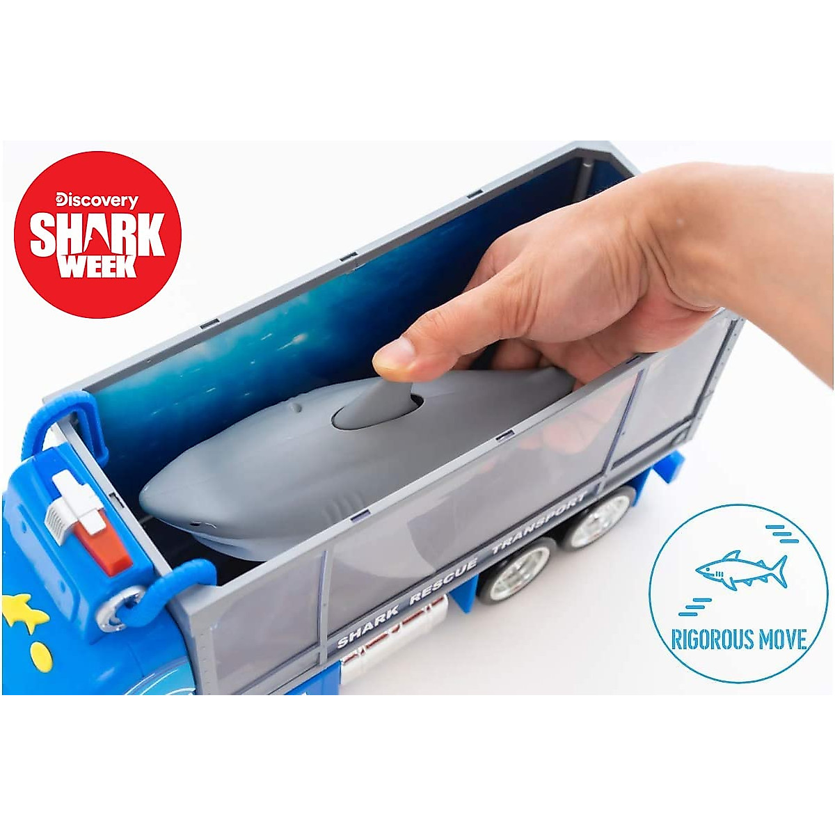 SHARK WEEK Discovery - Rescue Transport Truck Toy Playset for Kids, Includes Moving Toy Truck with Lights and Sounds, Great White Shark Tank, Hand Painted, Realistic, Eco Friendly, Officially Licensed