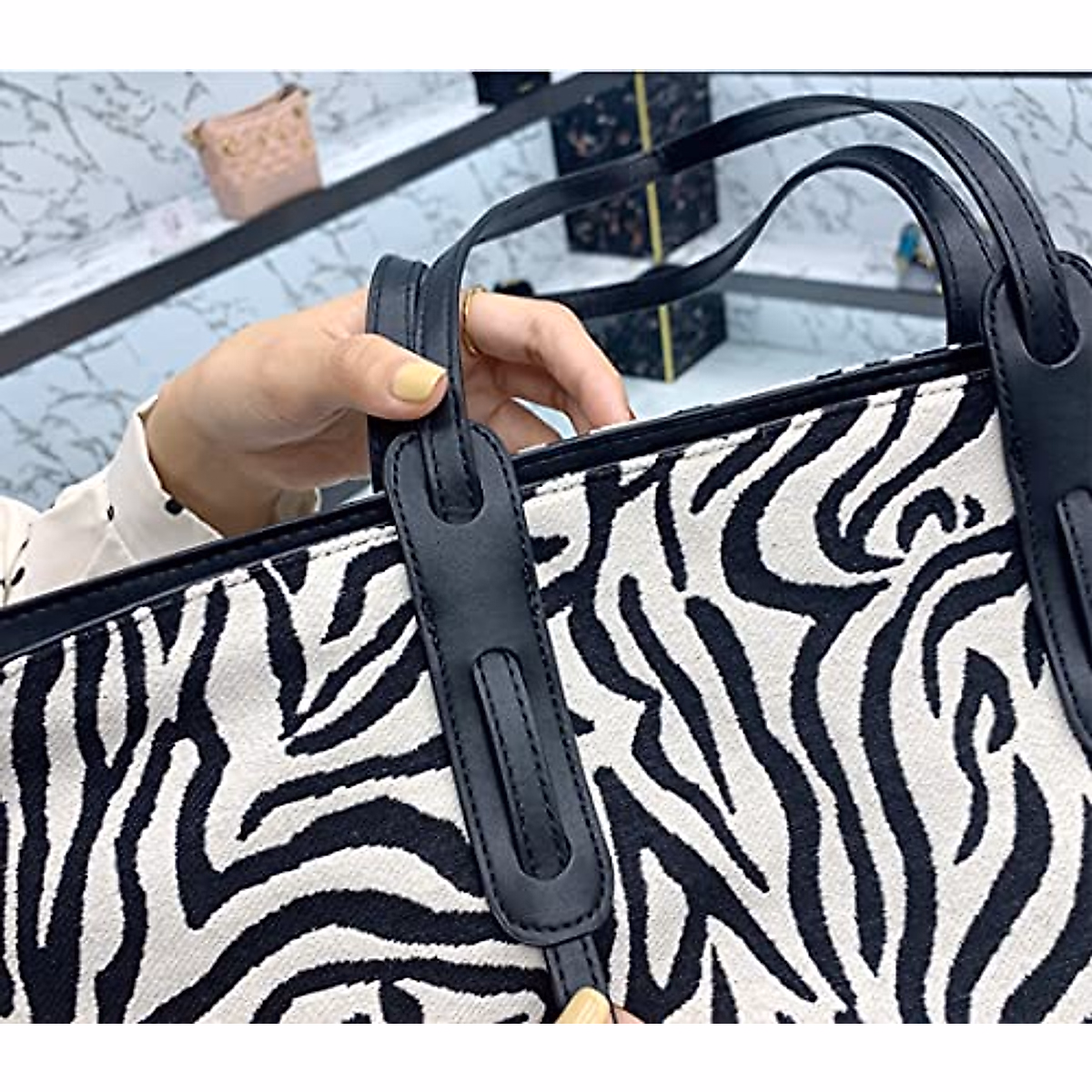 Tote Bag for Women Zebra Pattern Shoulder Bag Hobos Purse +++ Large Satchel Handbag for Working Travel Shopping (White)
