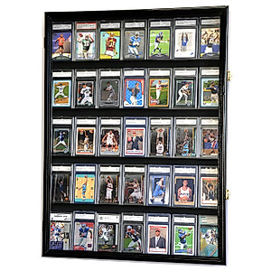 35 Graded Sport Cards / Collectible Card Display Case Wall Cabinet w/98% UV Door, Lockable, Black
