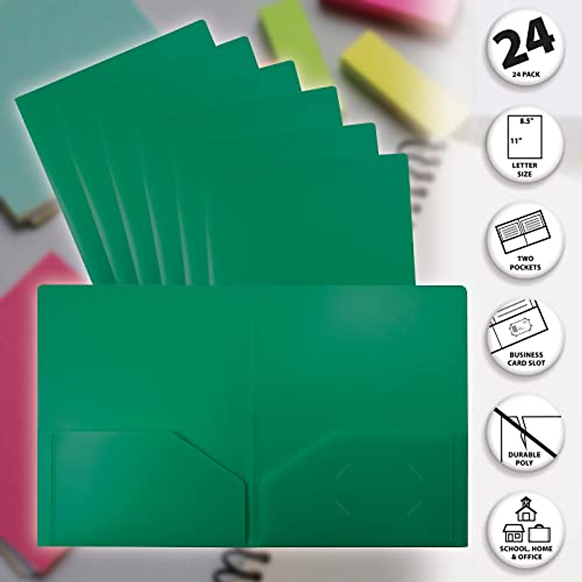 Heavyweight Plastic 2 Pocket Portfolio Folder, Letter Size Poly Folders by Better Office Products, 24 Pack (Green)