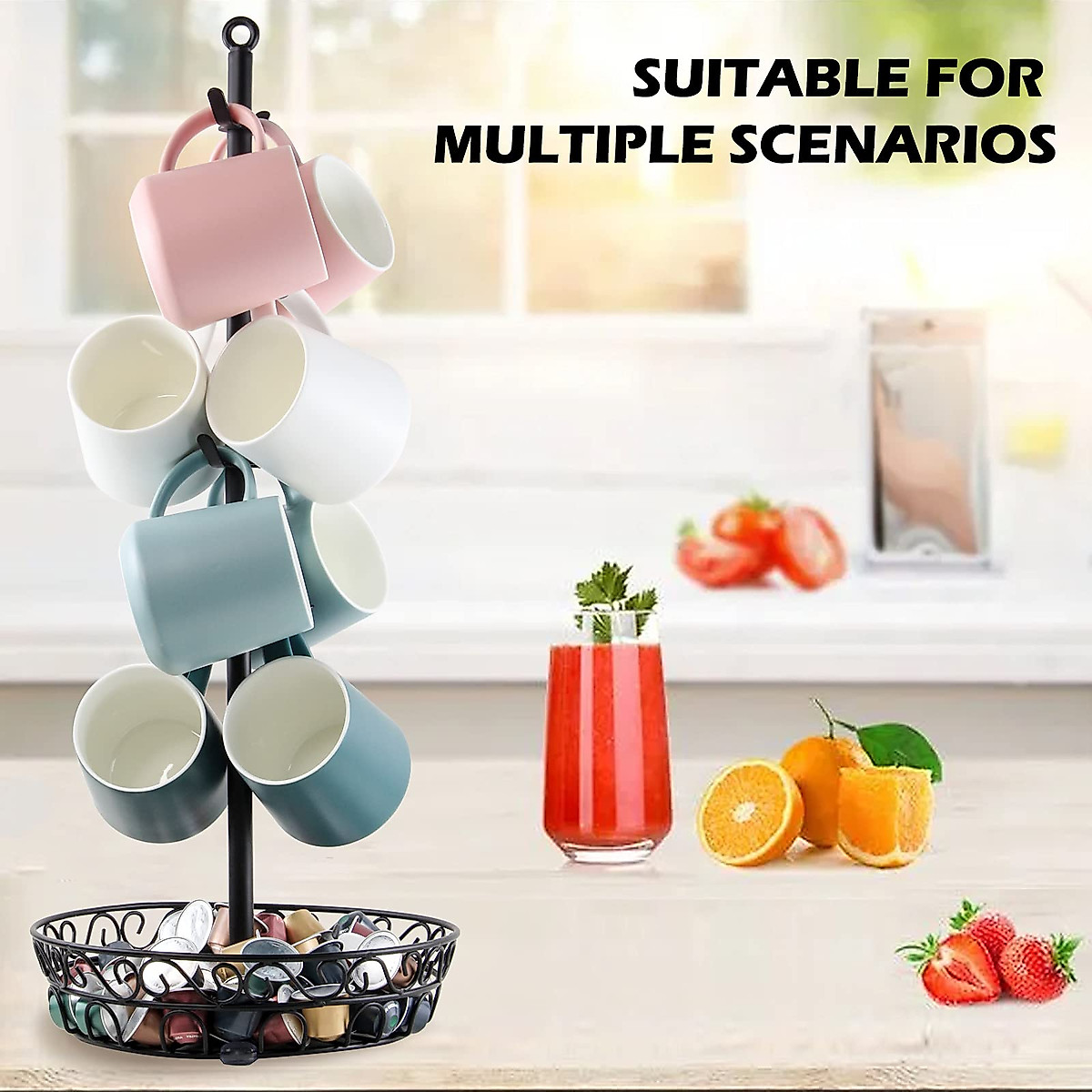 Coffee Mug Holder Stand with 8 Rotatable Hooks, Capsule Storage, Multipurpose Mug Holder, Coffee Station Organizer, Mug Tree for Kitchens, Offices, Parties & More, Black, 10.2(L)x10.2 (W)x24.4(H)inch