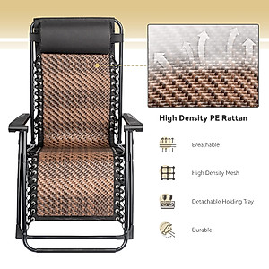 Incbruce Zero Gravity Folding Recliner Chair, Adjustable Patio Lounge Chaise, Outdoor Wicker Rattan Furniture with Cup Holder and Pillow for Poolside, Yard, Beach (Brown)