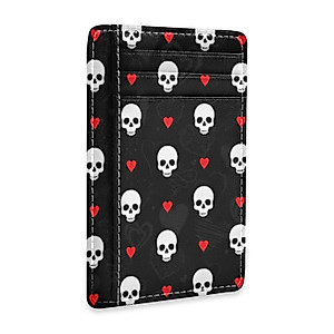 Linomo Thin leather Card Holder and Money Clip Sugar Skull Love Heart Pattern Wallet RFID Blocking for Men & Women