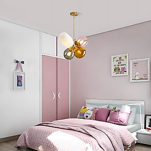 KCO Lighting Modern Colorful Pendant Light Gold Globe Pendant Lighting Stained Glass Balloon Chandelier Light Fixture Colored Glass Pendant Lights Kitchen Island for Kids Room