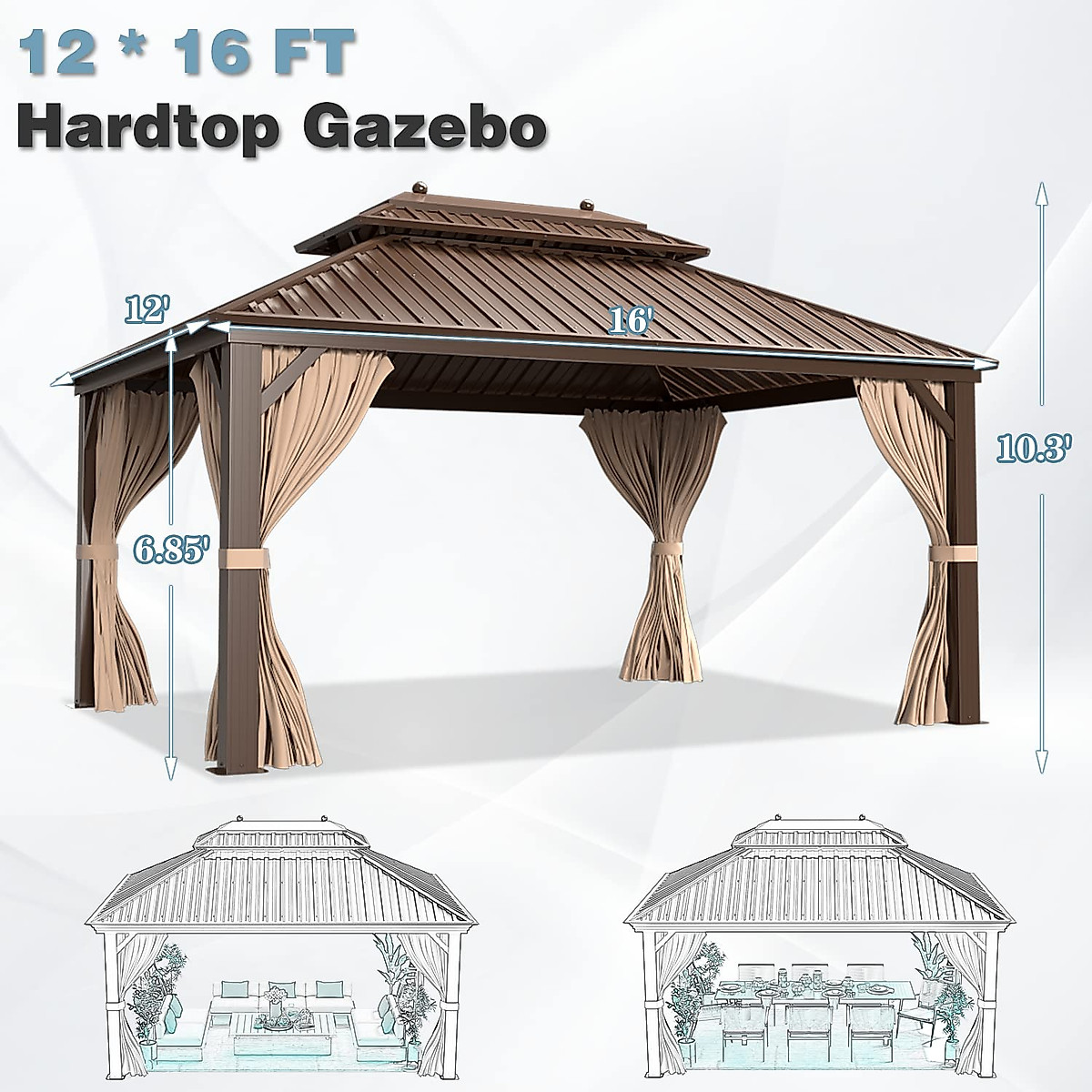 MELLCOM 12'x16' Hardtop Gazebo, Galvanized Steel Metal Double Roof Canopy with Curtains and Netting, Brown Permanent Pavilion Gazebos with Aluminum Frame for Patio, Lawn & Garden