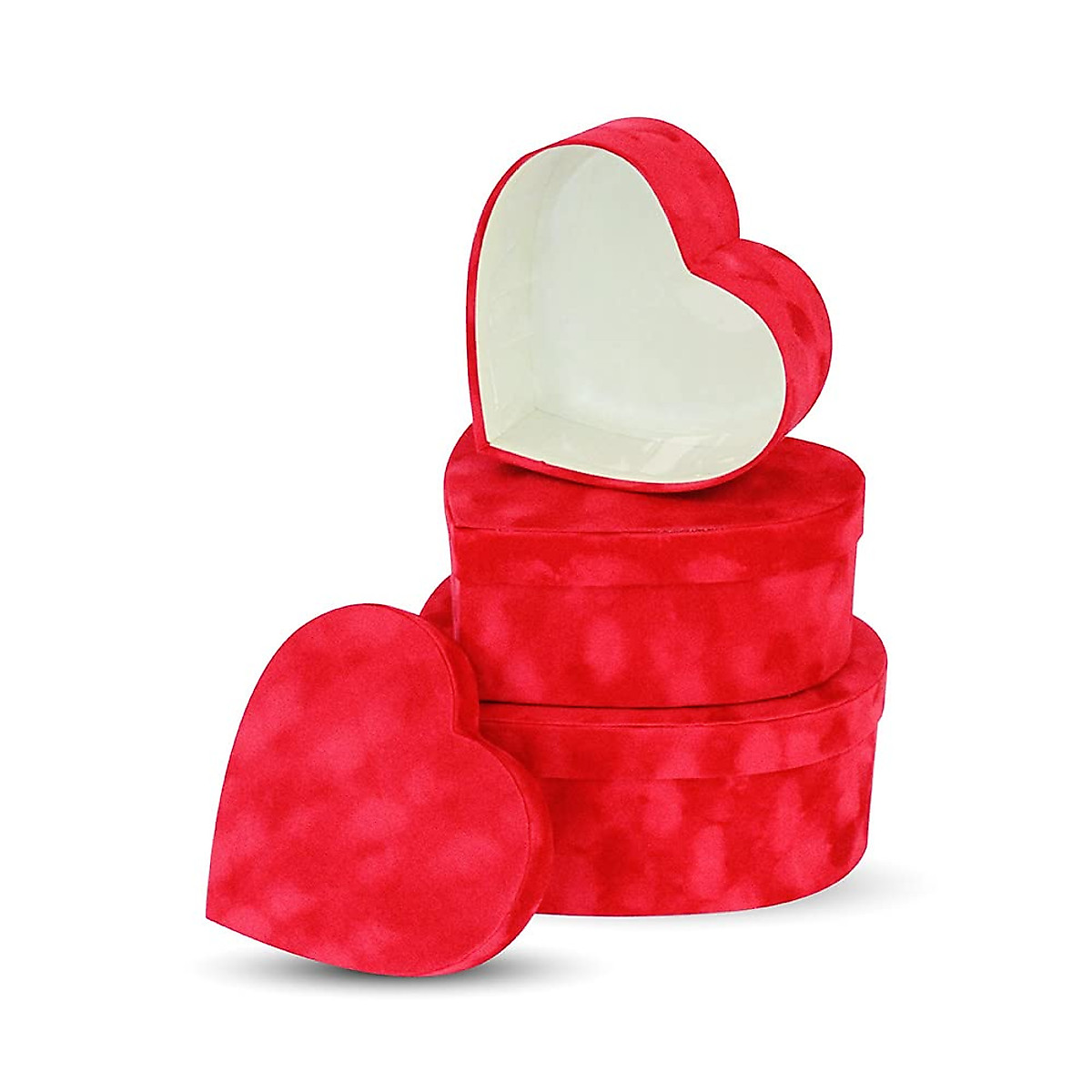 UNIKPACKAGING Premium Quality Heart Shaped Velvet Flower Boxes, SET OF 3, Gift Boxes for Luxury Flower and Gift Arrangements, with Lids, Ships From USA (Red)