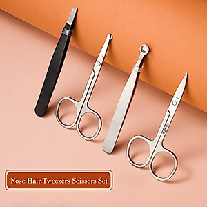 4 Pieces Nose Hair Tweezers Scissors Set Include Nose Hair Trimming Tweezers, Curved and Rounded Nose Hair Scissors, Precision Eyebrow Tweezers for Nose Hair, Eyebrows, Eyelashes, and Ear Hair