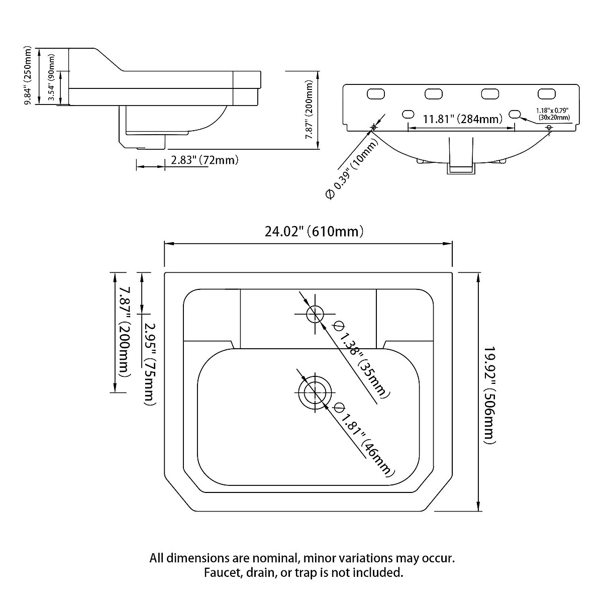 AMASHEN 24" Victoria Sink Without Pedestal, Rectangular Ceramic Bathroom Sink with Single Hole and Overflow, White (Sink Only)