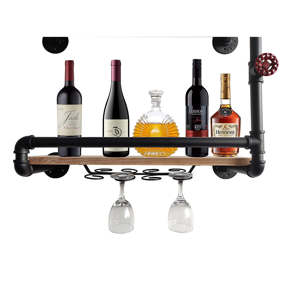 BSTGIFTS Wall Mounted Wine Rack - Wine Bottle Glass Holder - Industrial Pipe Floating Shelves - 2-Tiers Wood Shelf, Storage Shelves