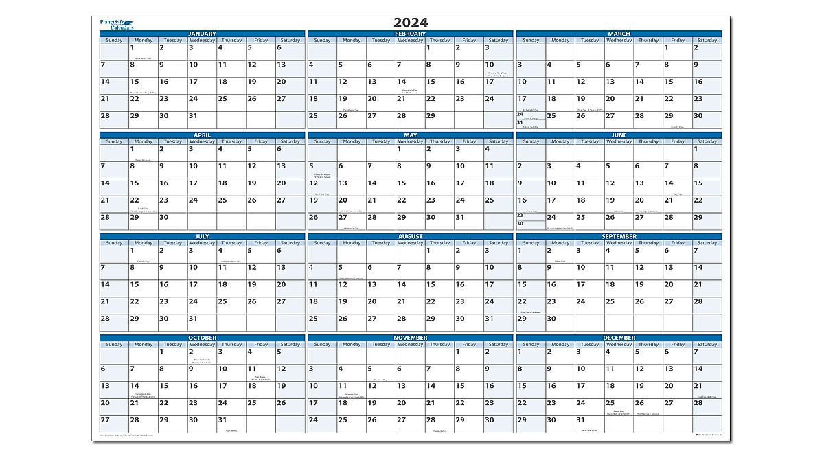 PlanetSafe Calendars 2024 Horizontal Sky Blue Dry-Erase Wall Calendar