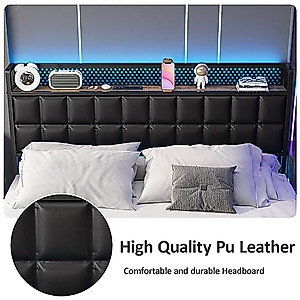 Halitaa Full Size Bed Frame with Headboard and Led Lights,Upholstered Bed Frames with Charging Station,Platform Metal Bed with Storage Shelves,No Box Spring Needed,Easy Assembly