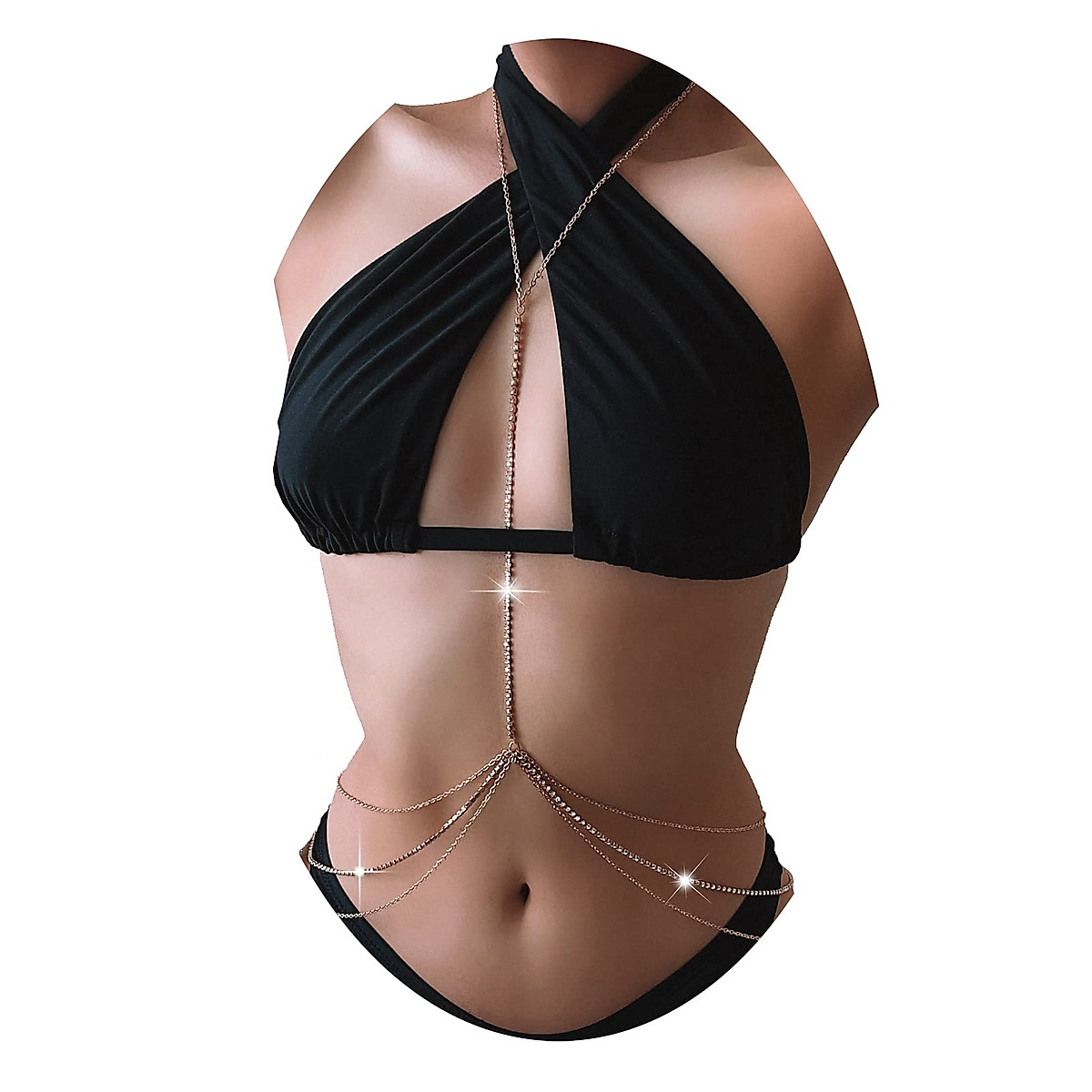 Rhinestone Body Chains Jewelry For Women Sexy Belly Waist Chain Bikini Beach Accessories (Gold color)