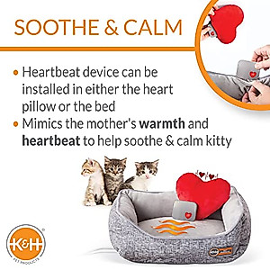 K&H PET PRODUCTS Mother's Heartbeat Heated Cat Bed with Heart Pillow Heartbeat Kitten Toy Gray 11 X 13 Inches w/Cat Heartbeat Rhythm