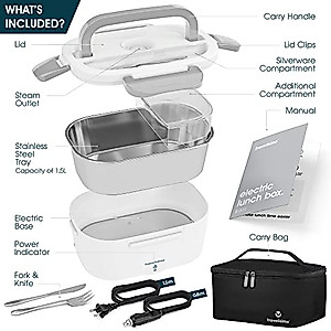 Travelisimo Electric Lunch Box Food Heater High Power 60W, 3 in 1 Portable Heated Lunch Box for Adults for Car Truck & Work 12V 24V 110V + Carry Bag, Loncheras Electricas para Calentar Almuerzo