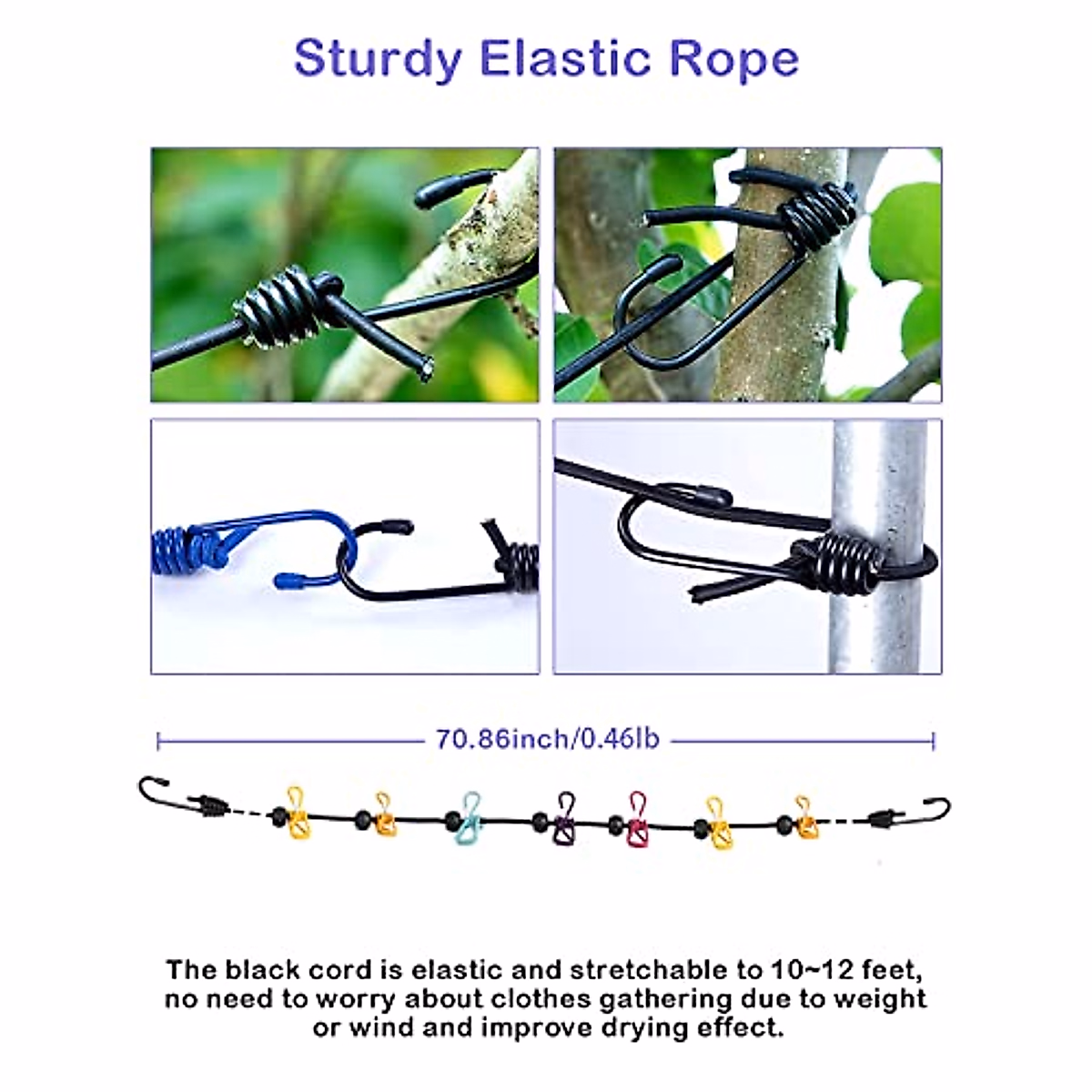 GOJUSO Elastic Clothesline for Travel 70.86 Inch Portable Camping Storage Travel Hanging Clothes Line Cool Gadgets for Rv Camp Picture