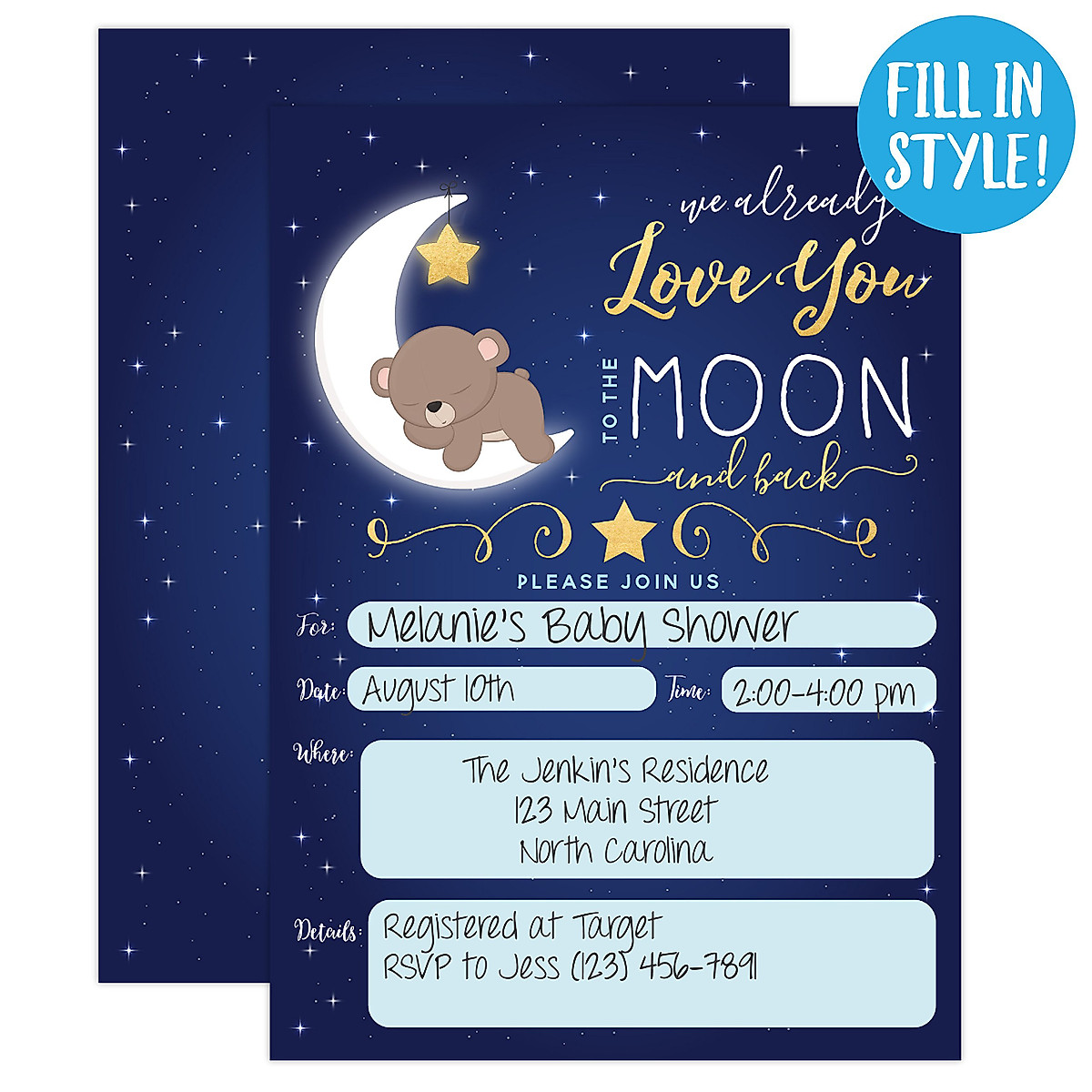 Your Main Event Prints Moon Bear Baby Shower Invites, 20 Count, 5x7, Blue, Premium Heavy-weight Card Stock